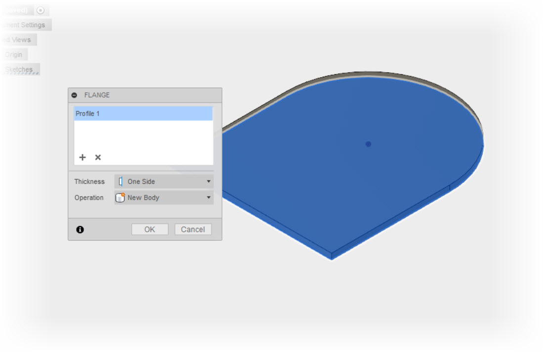 Using the Flange tool to create a sheet metal face.