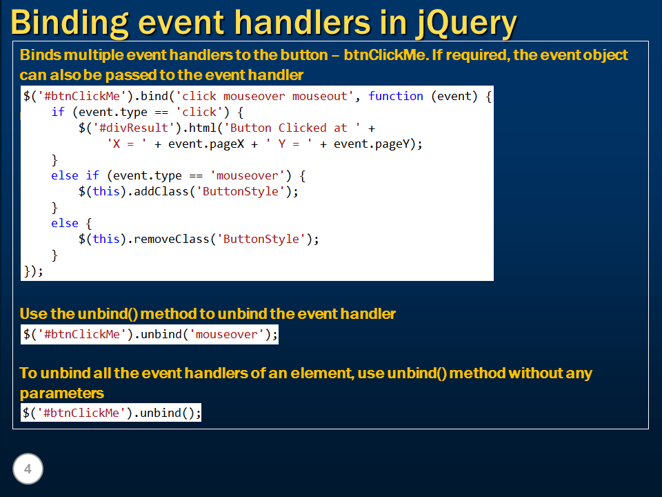 Sql server, .net and c# video tutorial: Binding event handlers in jquery Sql server, .net and c# video tutorial: Binding event handlers in jquery