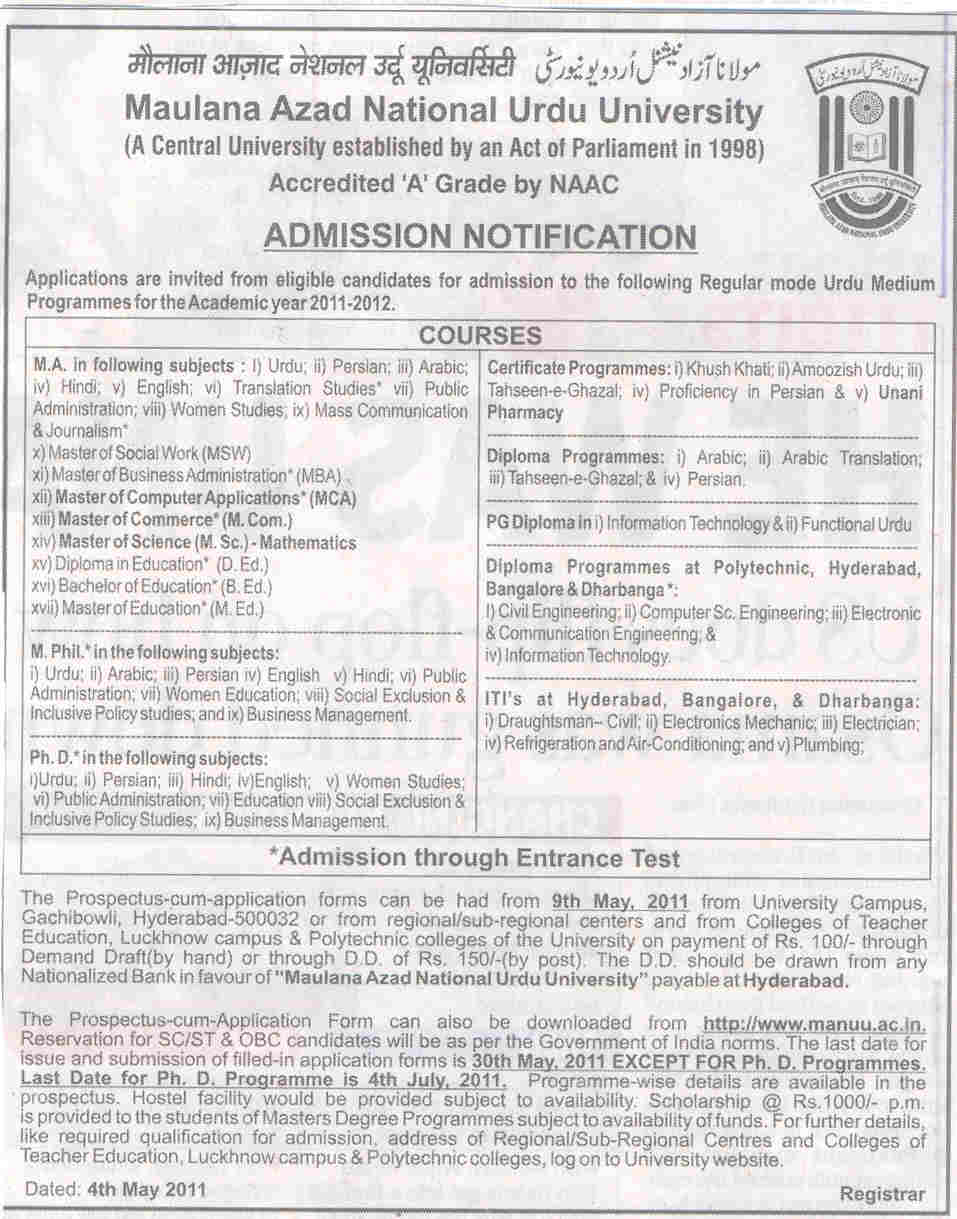 Urdu Promotion And Computers: ADMISSION NOTICE (Maulana Azad National ...