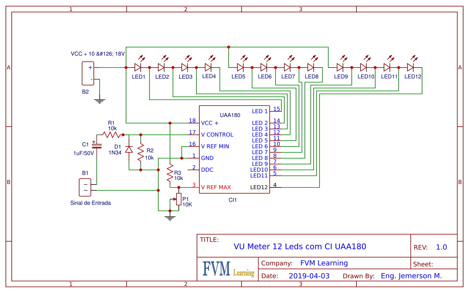 VU Meter 12 Leds com UAA180 - Bargraph + PCI - FVML