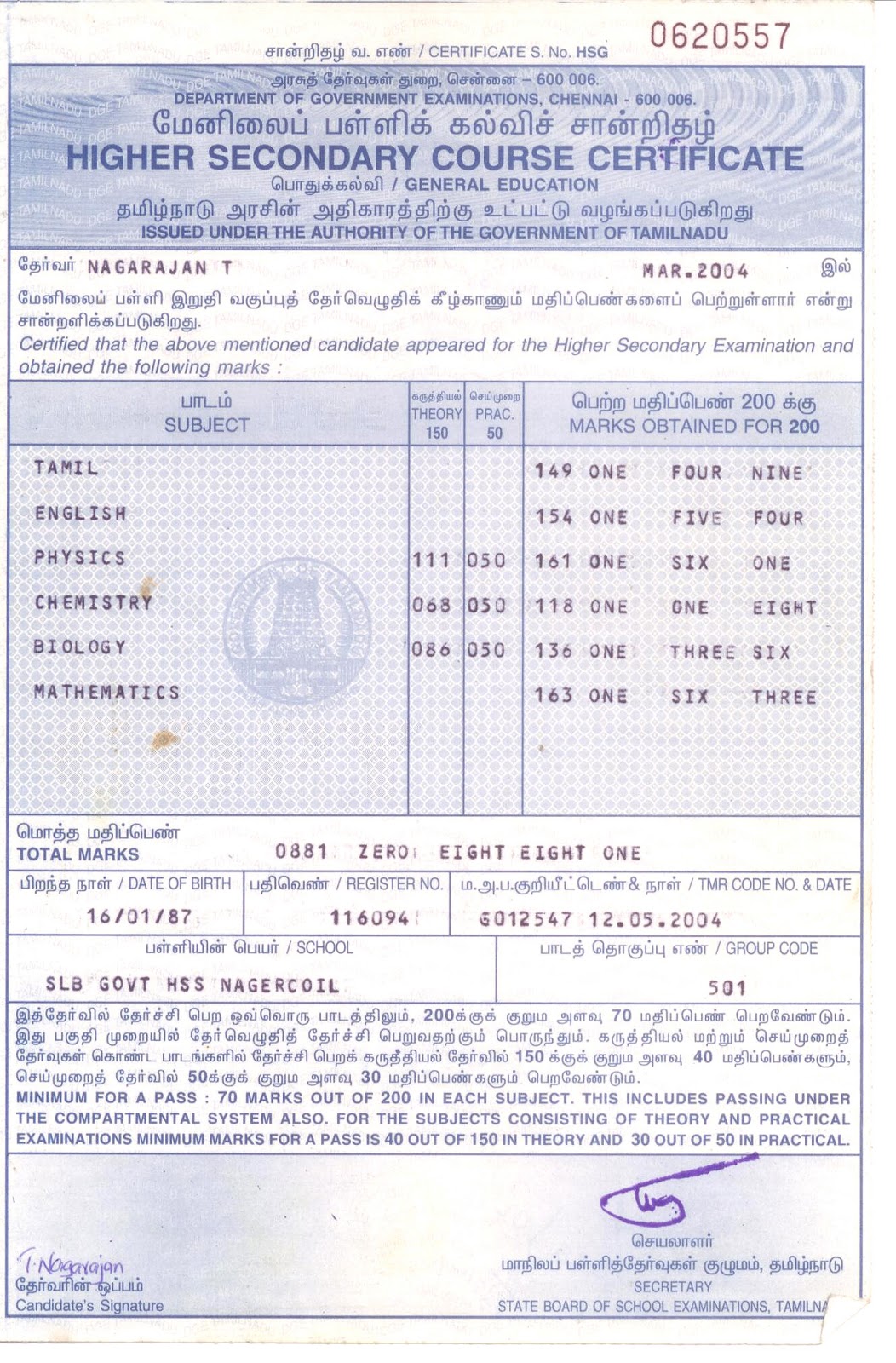 Nagarajan s Blog Higher Secondary Certificate Along With Mark Sheet