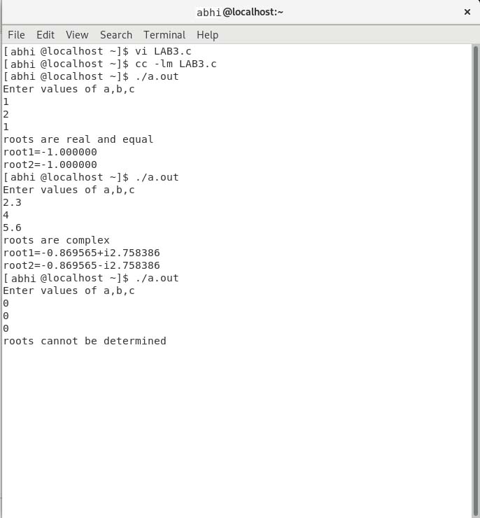 VTU CSE LABS: CPL 3 - ROOTS OF A QUADRATIC EQUATION