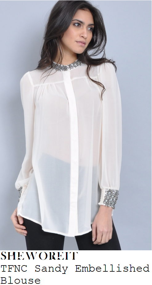 sheworeit: Cara Kilbey's TFNC Sandy Sheer Cream Long Sleeve Blouse With ...