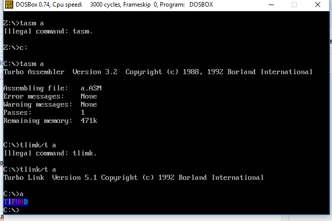 Menampilkan kalimat berwarna warni dengan Assembly di Windows dengan Dosbox - Okleq okleq okleq