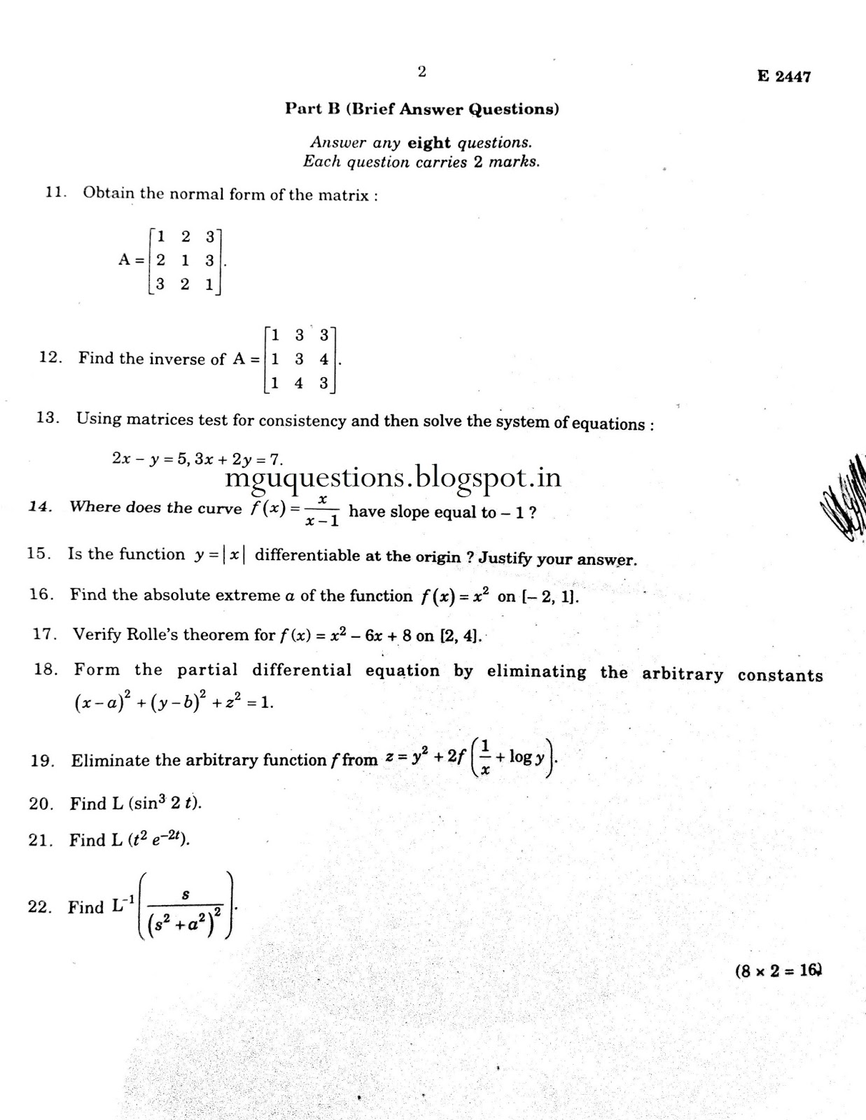 mgu BCA degree semester 1 mathematics 2015 Previous Year Question Paper