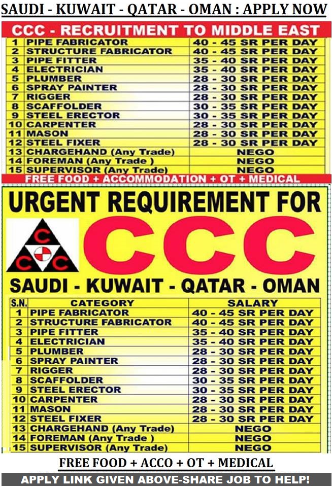 URGENT RECRUITMENT TO CCC QATAR COMPANY-FREE TICKET | Job2Gulf URGENT RECRUITMENT TO CCC QATAR COMPANY-FREE TICKET | Job2Gulf