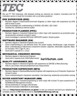 Lowongan Kerja PT. TEC Indonesia - Lowongan Kerja Batam 2022