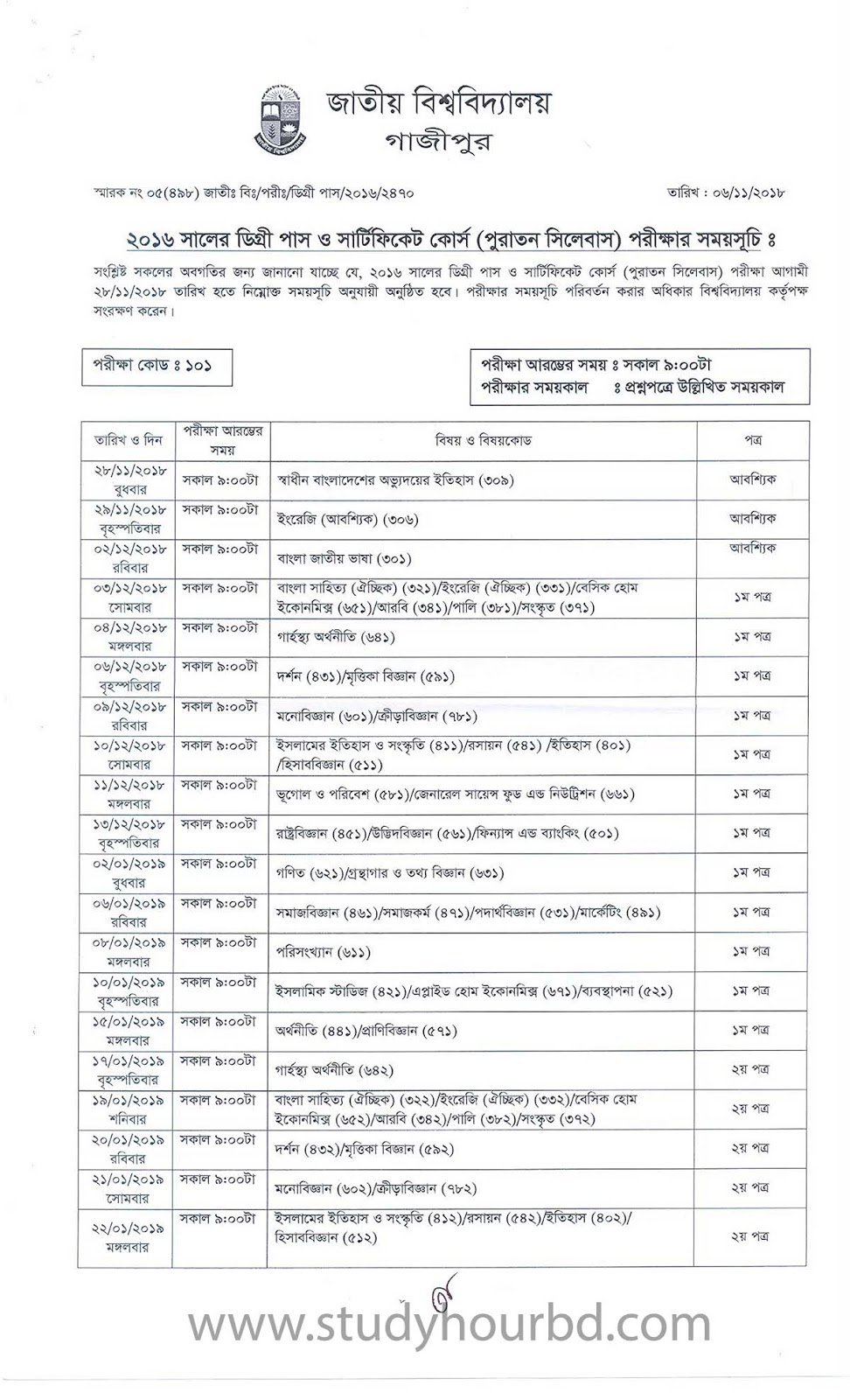 NU Degree Old Syllabus Exam Routine 2018 [PDF Download] - StudyhourBD