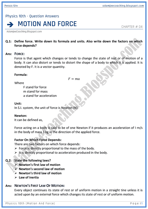 Adamjee Coaching: Motion and Force - Question Answers - Physics 10th