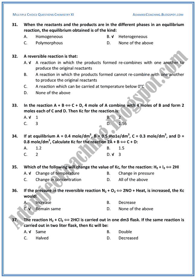 Adamjee Coaching: XI Chemistry MCQs - Chemical Equilibrium