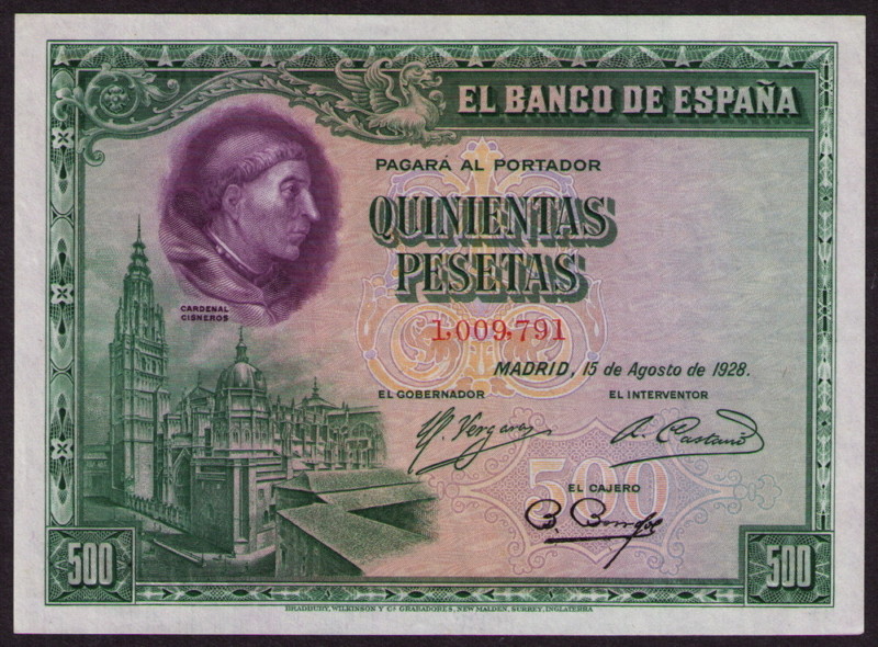 Spain banknotes 500 Pesetas banknote of 1928 Cardinal Cisneros|World ...