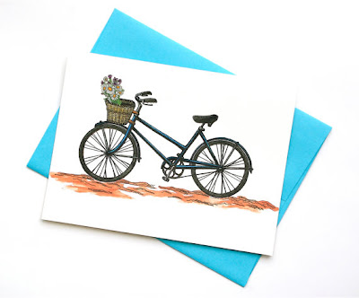Vintage Bicycle Note Card Set with Envelope Original Artwork - Unxia