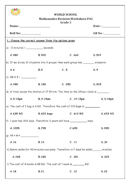 Birla World School Oman: Homework for Grade 3 as on 11/02/2018