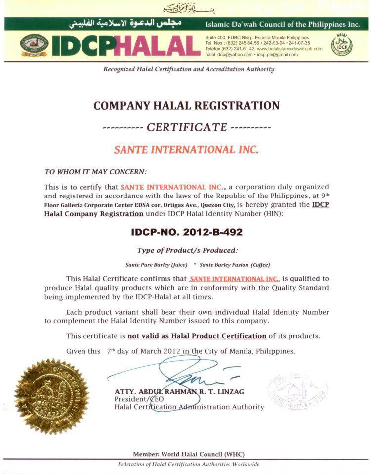 Jhuzt Lorque Santé International Ubuntu Network: FDA and HALAL Certificates