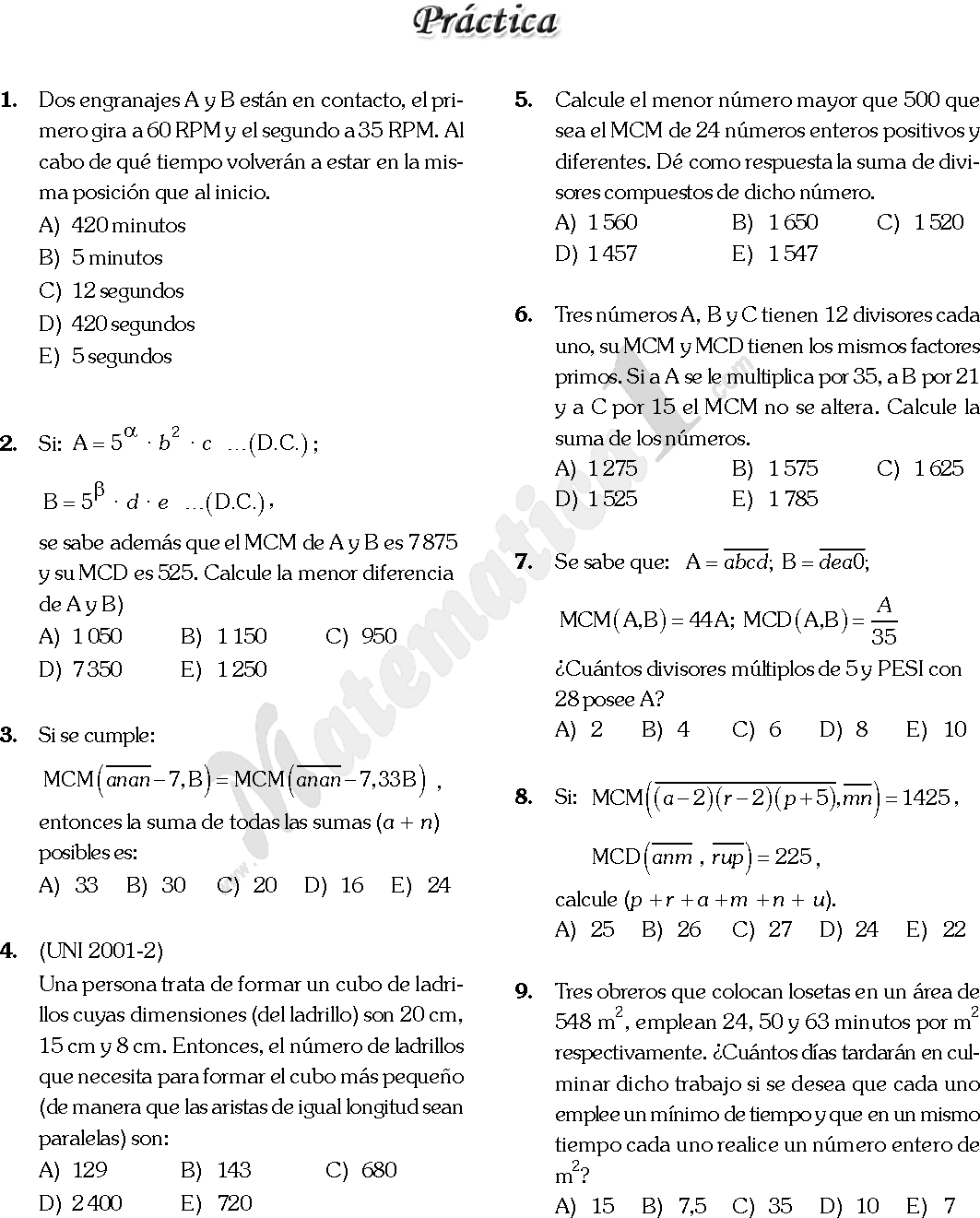 MAXIMO COMUN DIVISOR Y MINIMO COMUN MULTIPLO EJERCICIOS RESUELTOS PDF