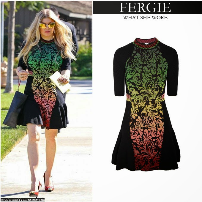 WHAT SHE WORE: Fergie in black printed mini skater dress with red metal ...