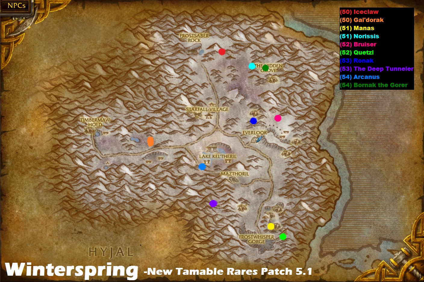 WoW Rare Spawns: Winterspring - Tamable Rares added in 5.1