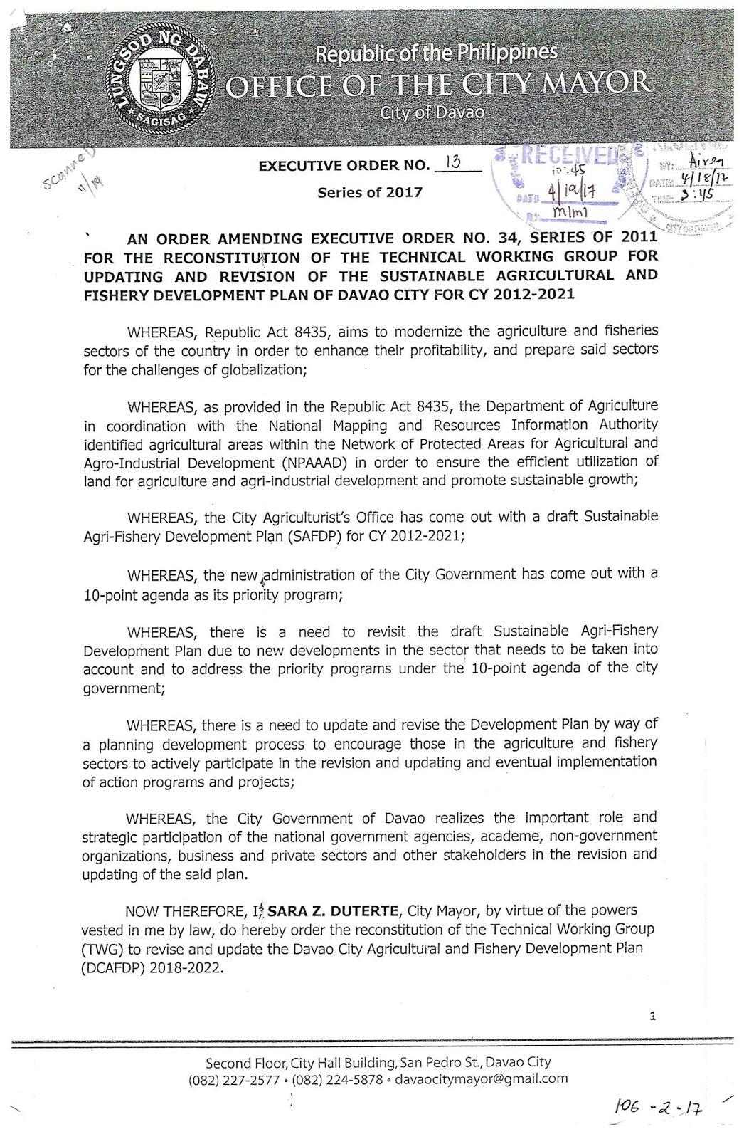 Mabel Sunga Acosta: EXECUTIVE ORDER NO. 13 Series of 2017