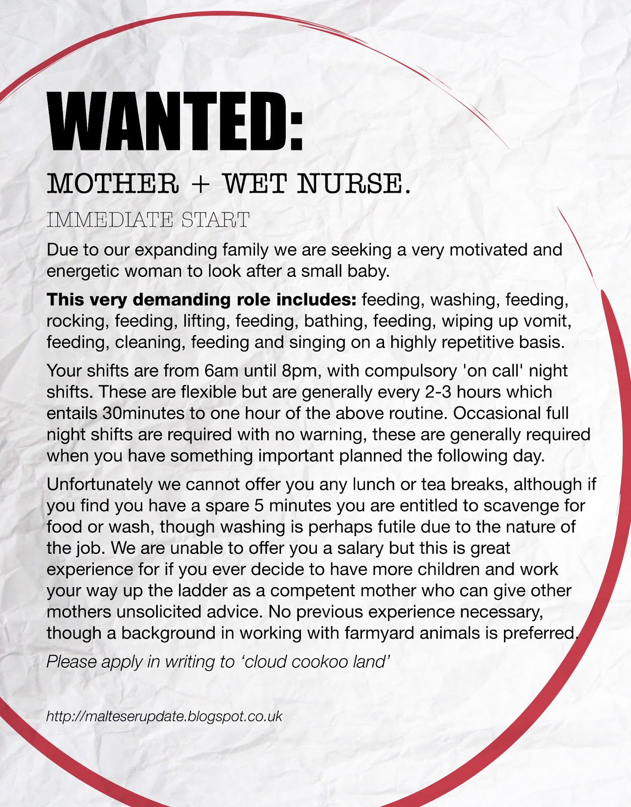 The Mother Diaries: Wanted: Wet nurse