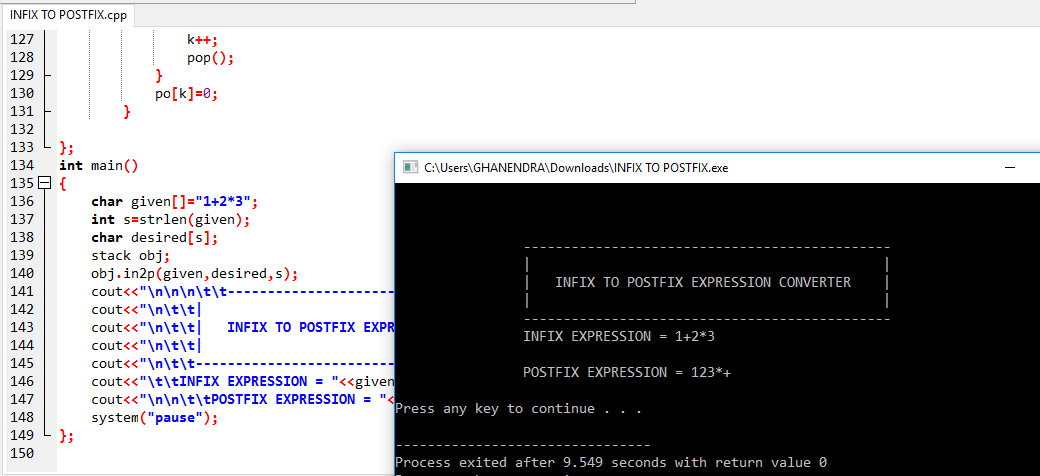 C++ Program For Infix to Postfix Expression Converter