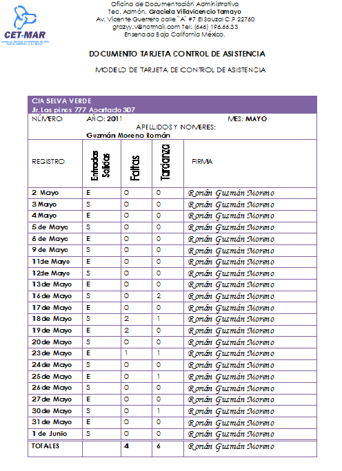 Grace Admon 2DO: Tarjeta Control de Asistencia