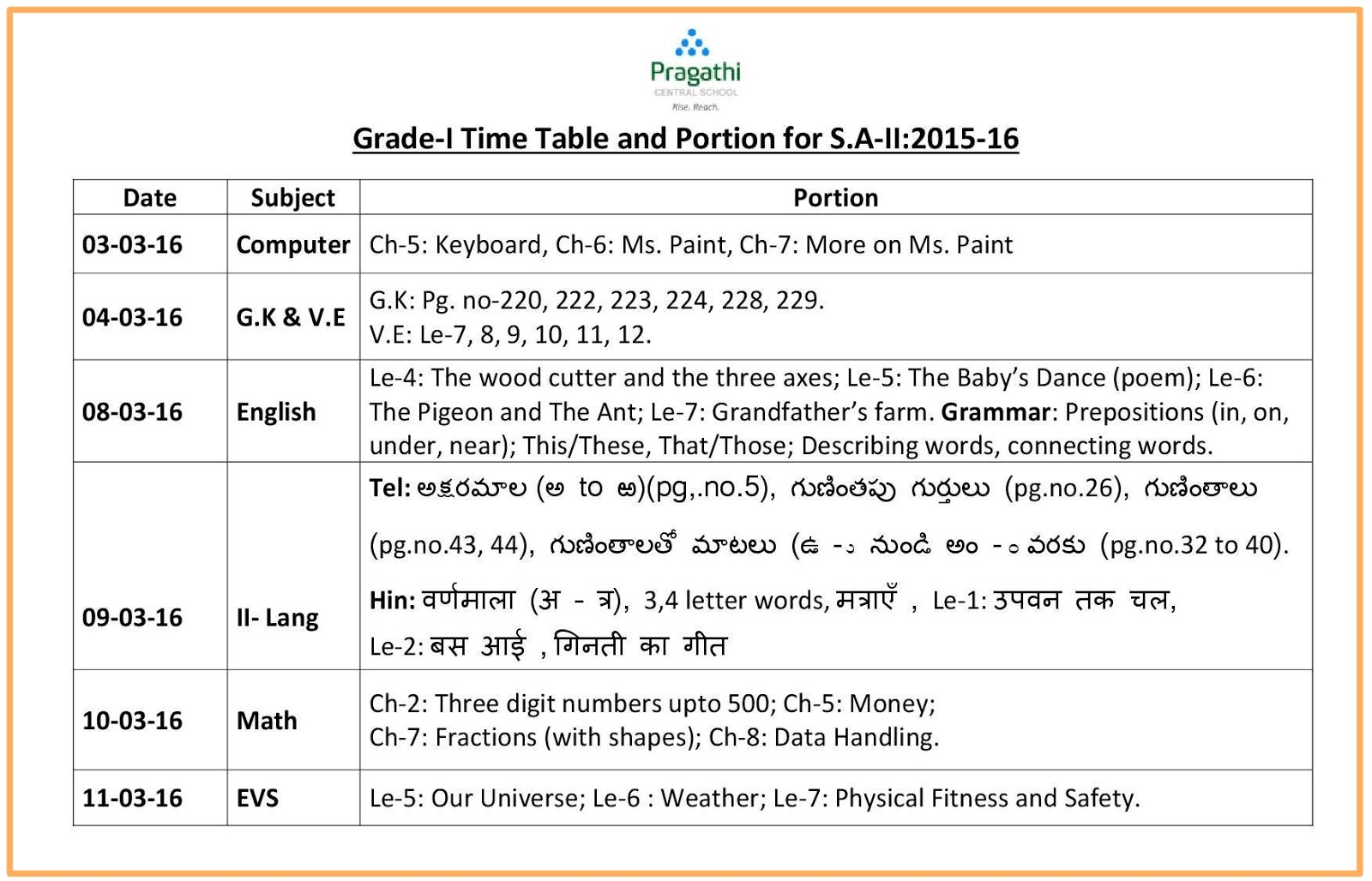PRAGATHI CENTRAL SCHOOL: GRADE - 1 - TIME TABLE AND PORTION OF ...