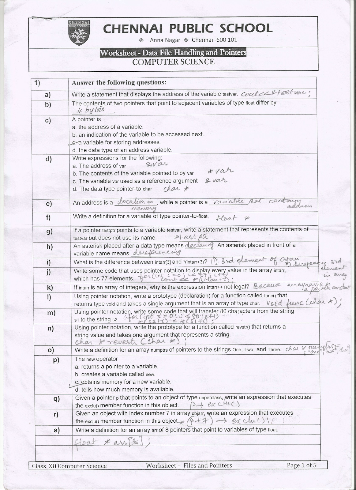 12ecps Data File Handling And Pointers Ws Key