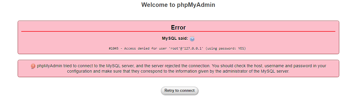 Phpmyadmin #1045 - Access denied for user 'root'@'localhost' (using password: NO)