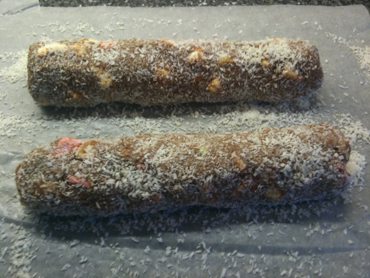 Words that spring to mind: Lolly Cake, a NZ childhood staple.