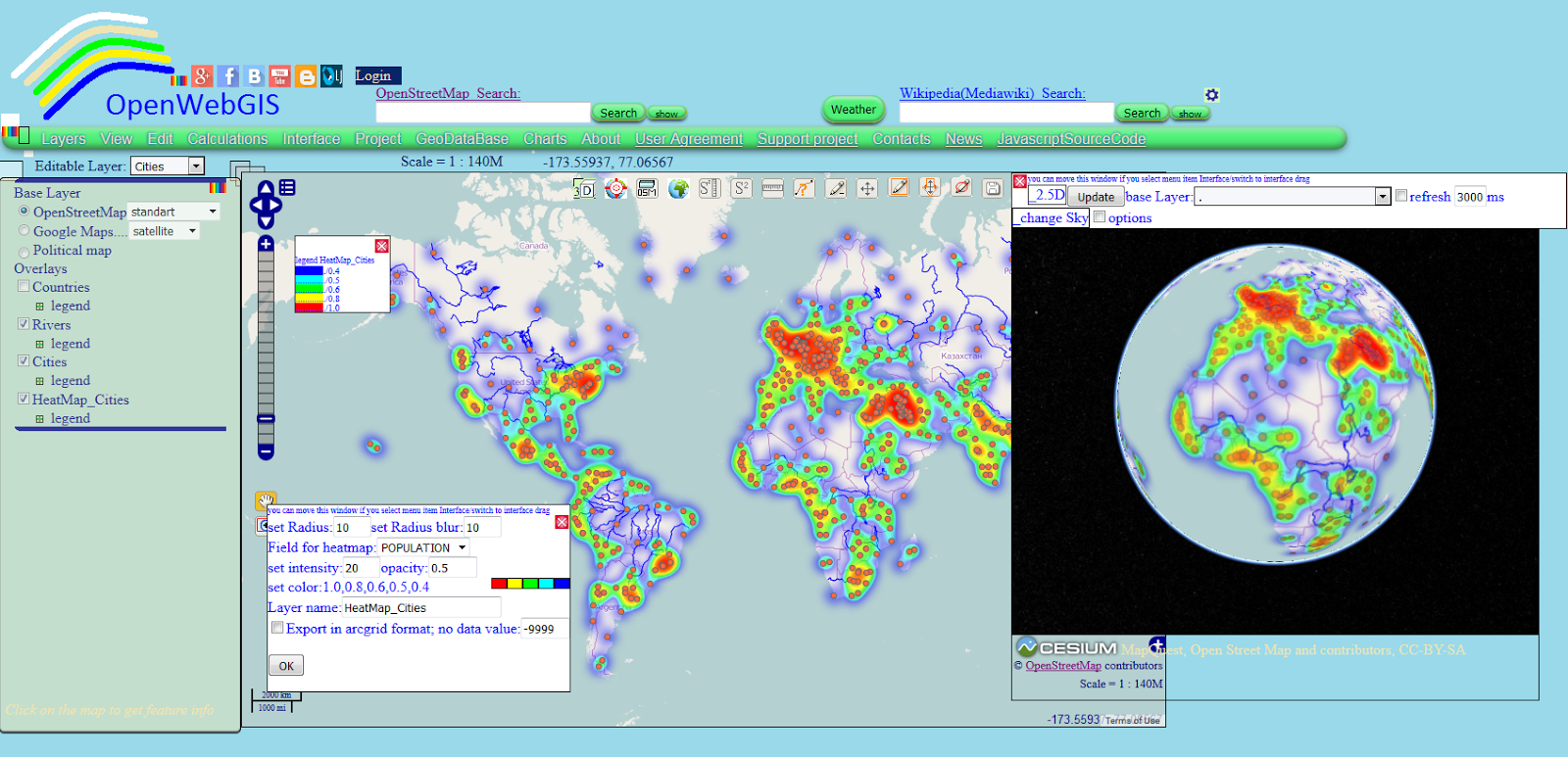 OpenWebGIS is free online GIS: 3D maps, new version of Cesium JavaScript library and OpenWebGIS
