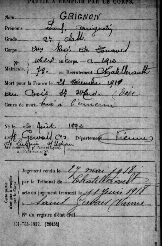 Mémoire des poilus de la Vienne: GRIGNON Paul Augustin