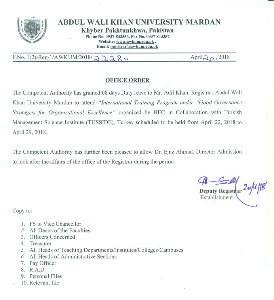 Abdul Wali Khan University Mardan: Office Order From Office of The ...