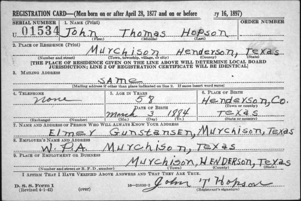 East Texas Genealogy: John Thomas Hopson - World War II draft card