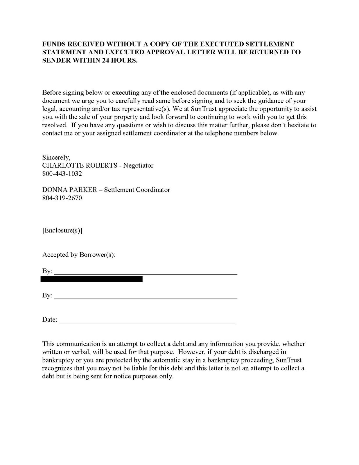 Suntrust Bank Short Sale Approval Letter (Preforeclosure)