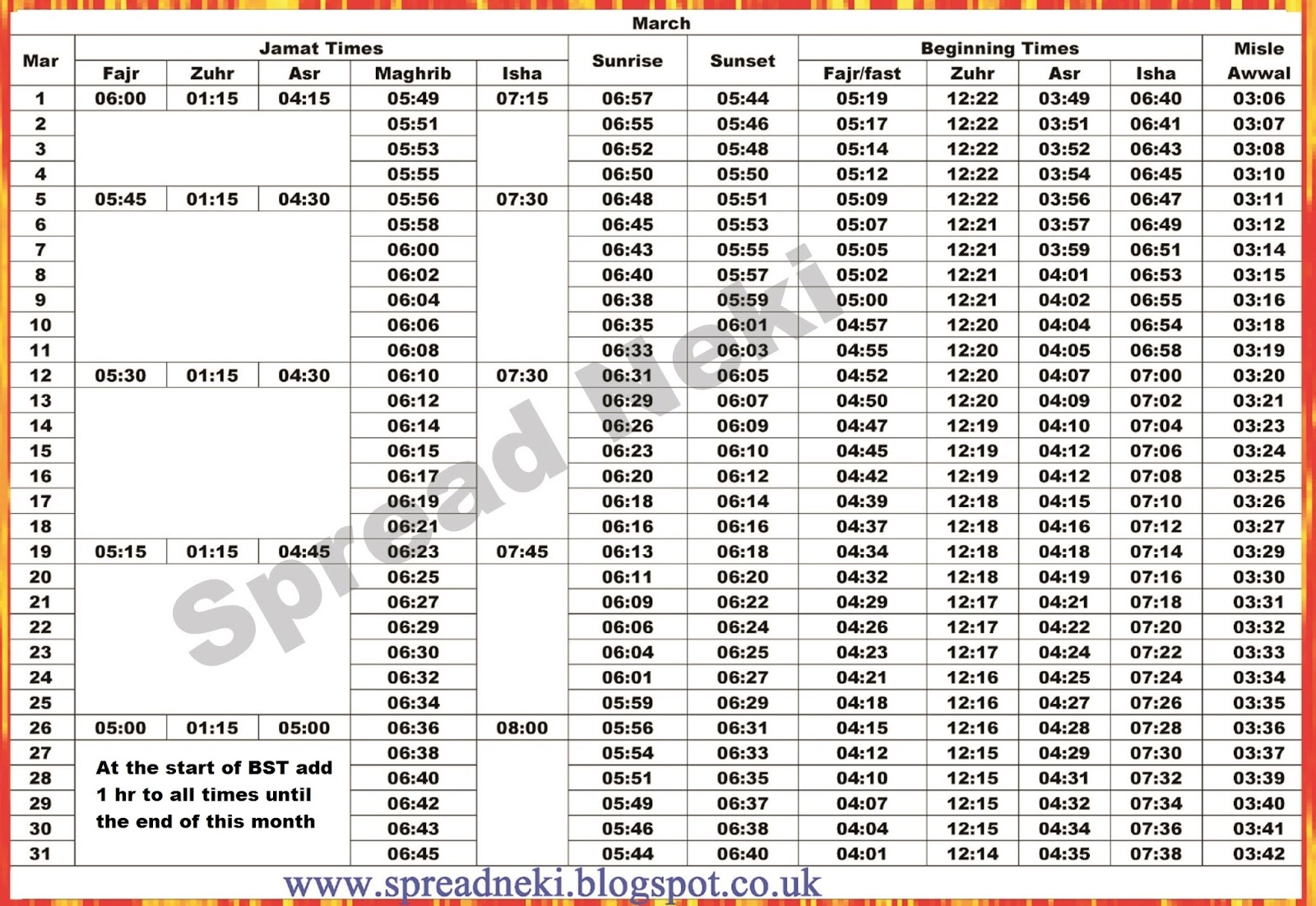 Spread Neki: Namaz Time Table