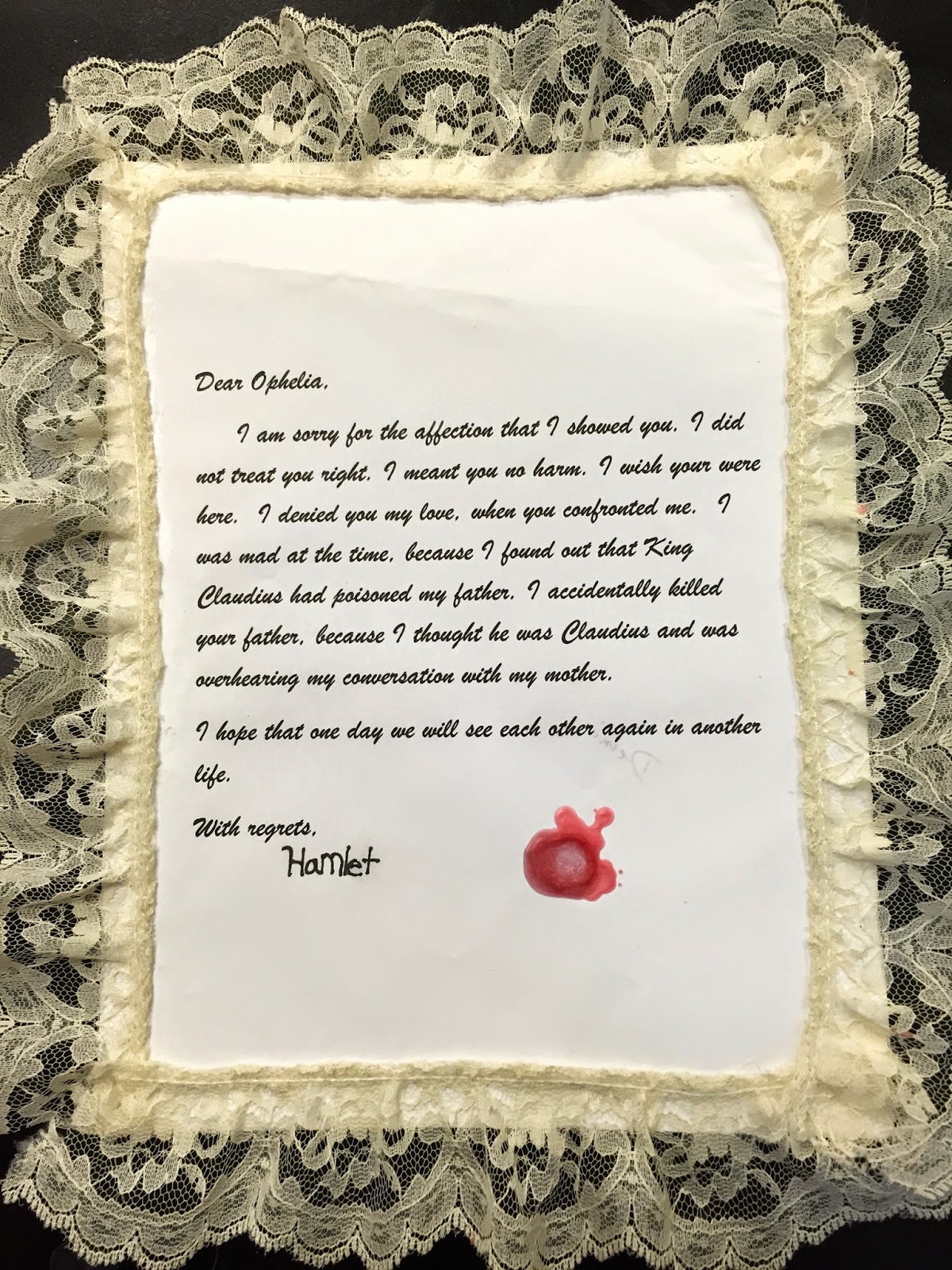 MILLENNIALS: Final Project - Letter from Hamlet to Ophelia