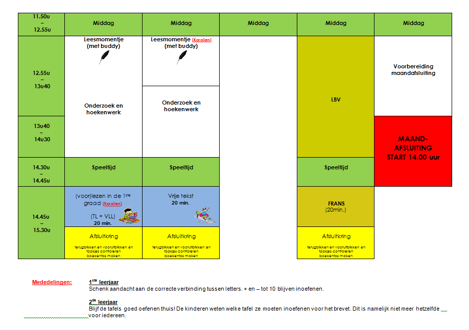 Eerste leerjaar: Weekrooster