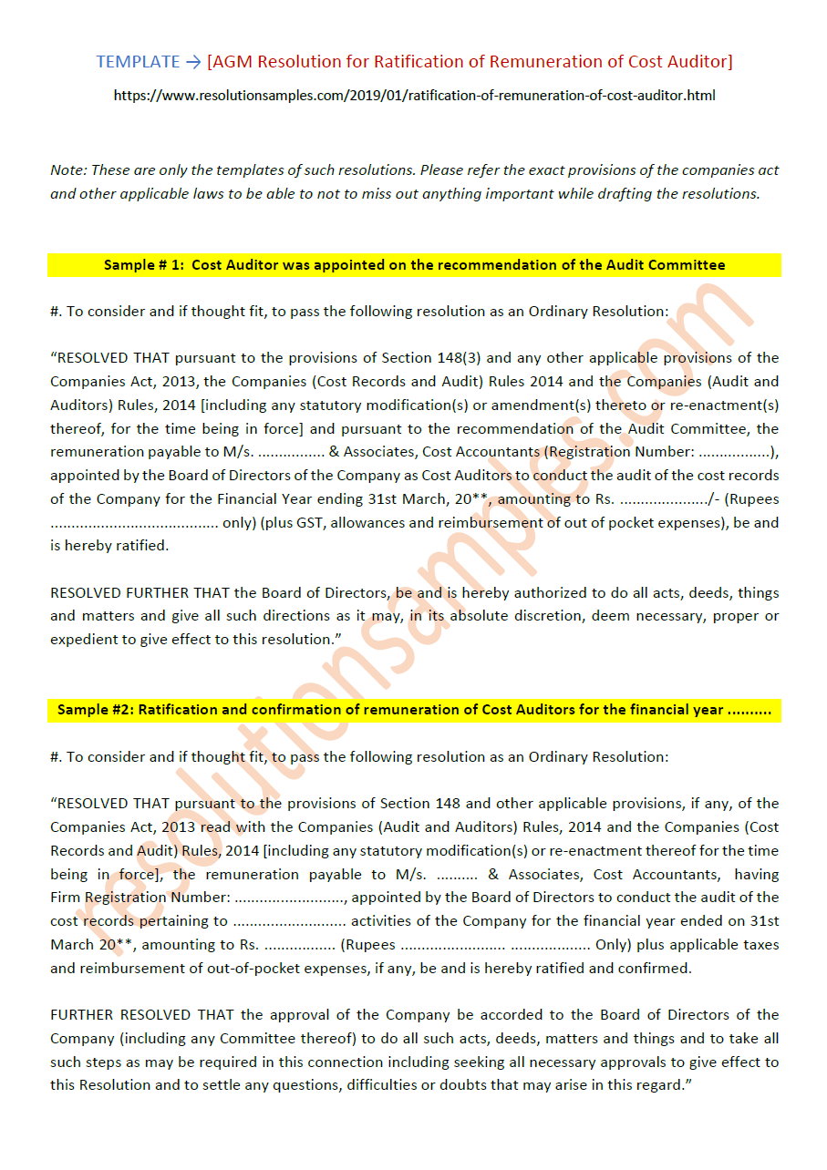 Draft Resolution for Ratification of Remuneration of Cost Auditor