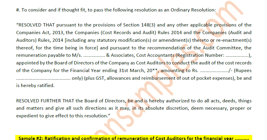 Draft Resolution for Ratification of Remuneration of Cost Auditor