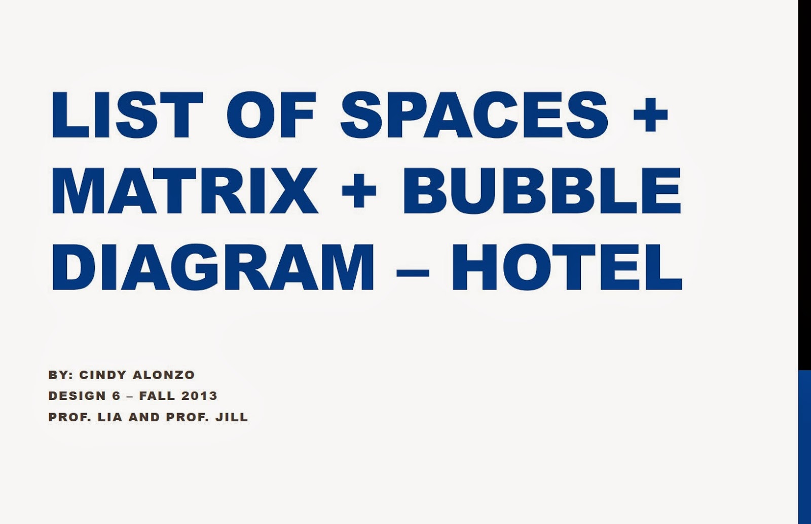 ARCH3610F13CINDYALONZO: LIST OF SPACES + MATRIX + BUBBLE DIAGRAM FOR HOTEL