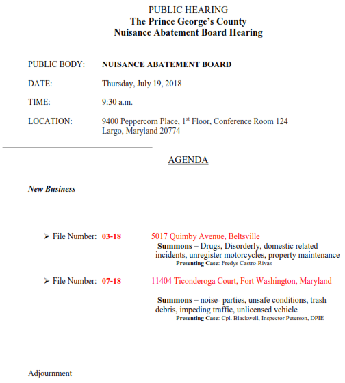 Tantallon Announcements: Example Nuisance Abatement Board Agenda
