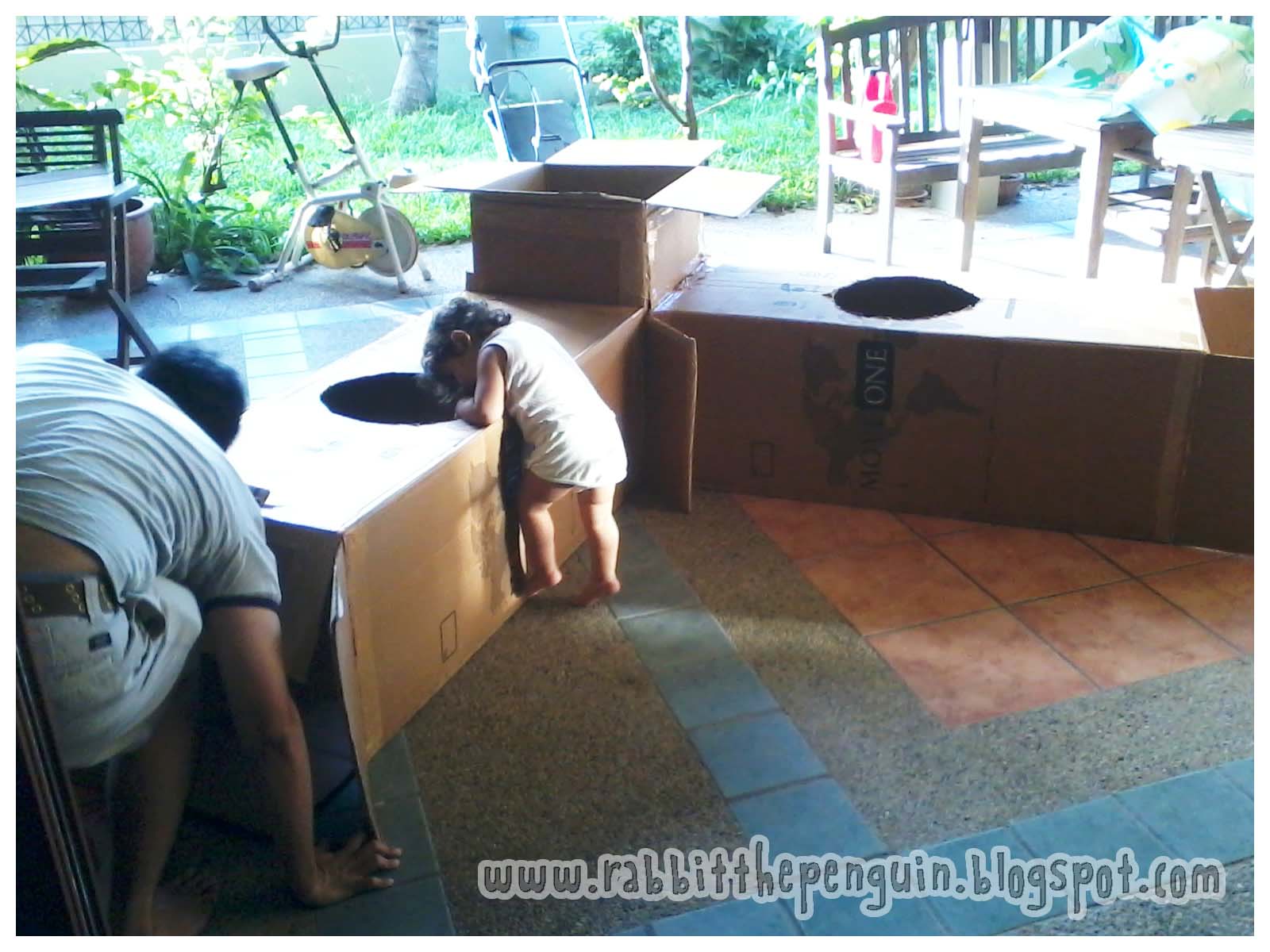 Rabbit The Penguin: DIY Cardboard Play Fort with tunnels!