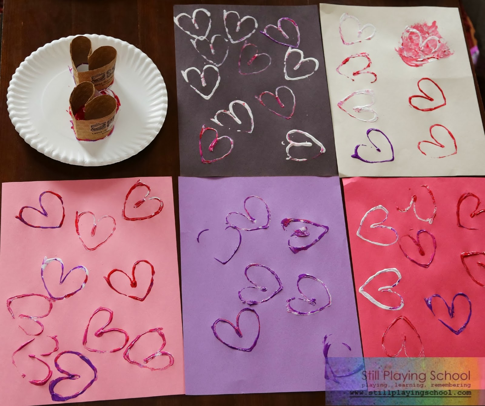 Stamping Hearts with Recycled Coffee Cup Sleeves | Still Playing School