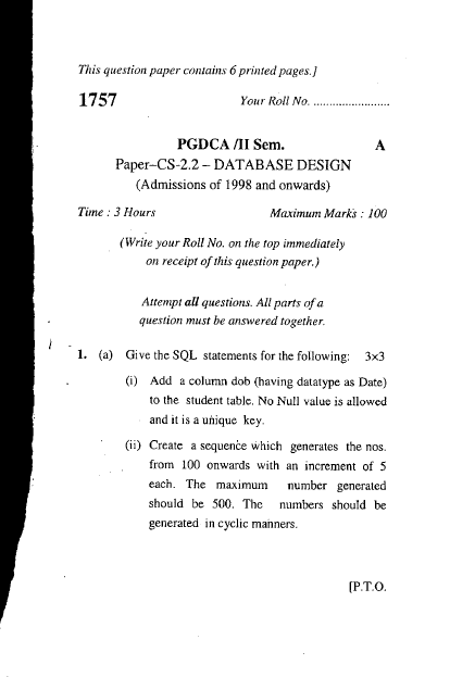 GNDU PGDCA Data Base Design 2012 Question Paper - University Question ...