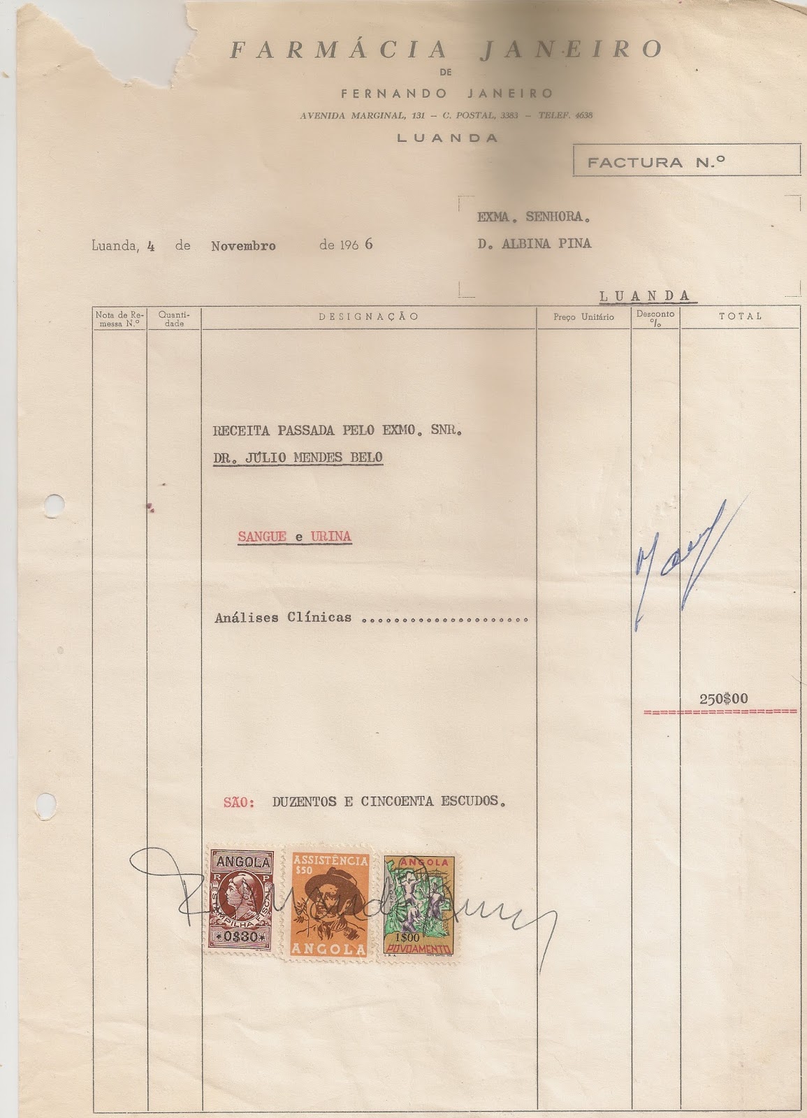 O Sótão dos Colecionadores: FACTURA - ANGOLA DA FARMÁCIA JANEIRO.