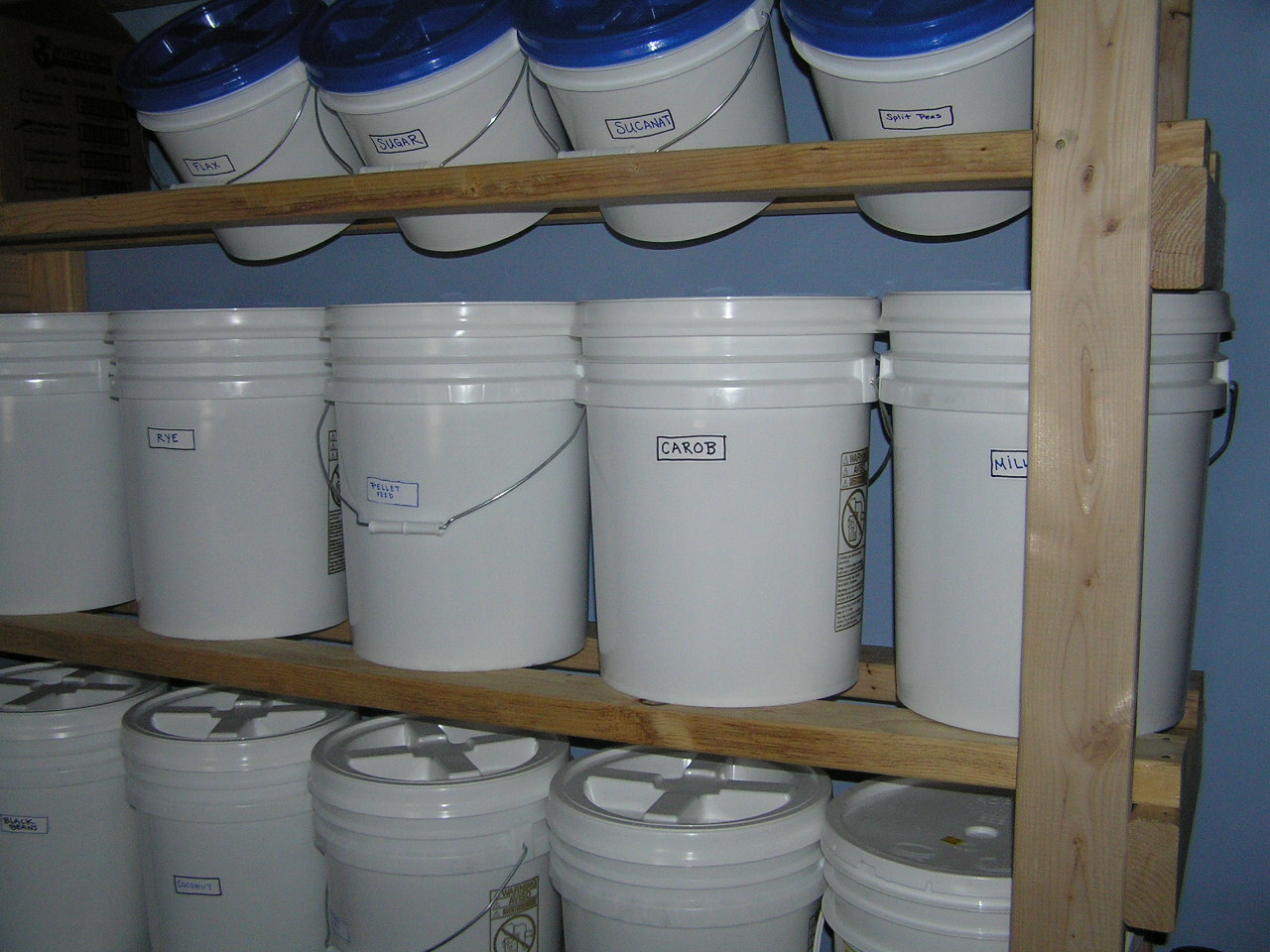 pantry with bucket storage | Food storage rooms, Food storage ...