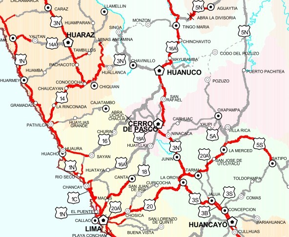 Mapa de la Ruta Lima-Huanuco-Tingo Maria. Plano de las carreteras ~ Es ...