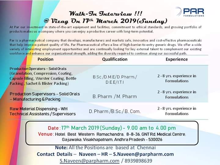 Par Formulations | Walk-in interview Production & Warehouse | 17th ...