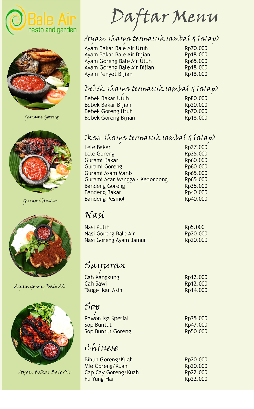 Bale Air Resto and Garden: Menu Bale Air