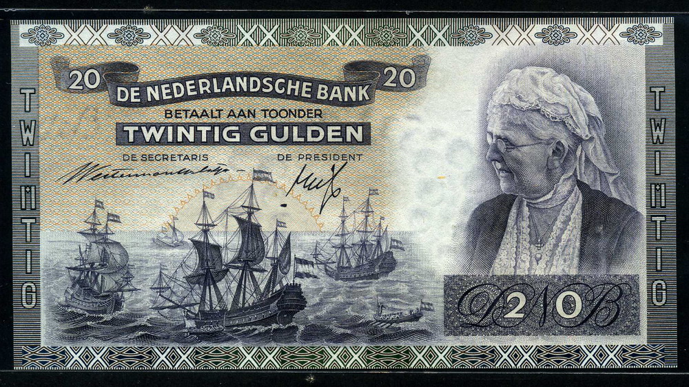 Netherlands banknotes 20 Gulden note of 1941, Queen Emma & Dutch battle ...